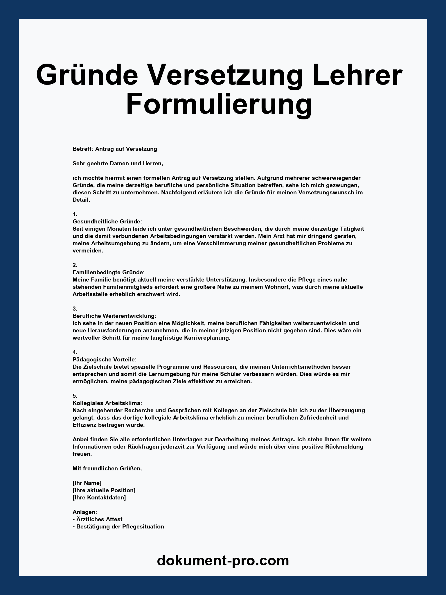Gründe Versetzung Lehrer Formulierung