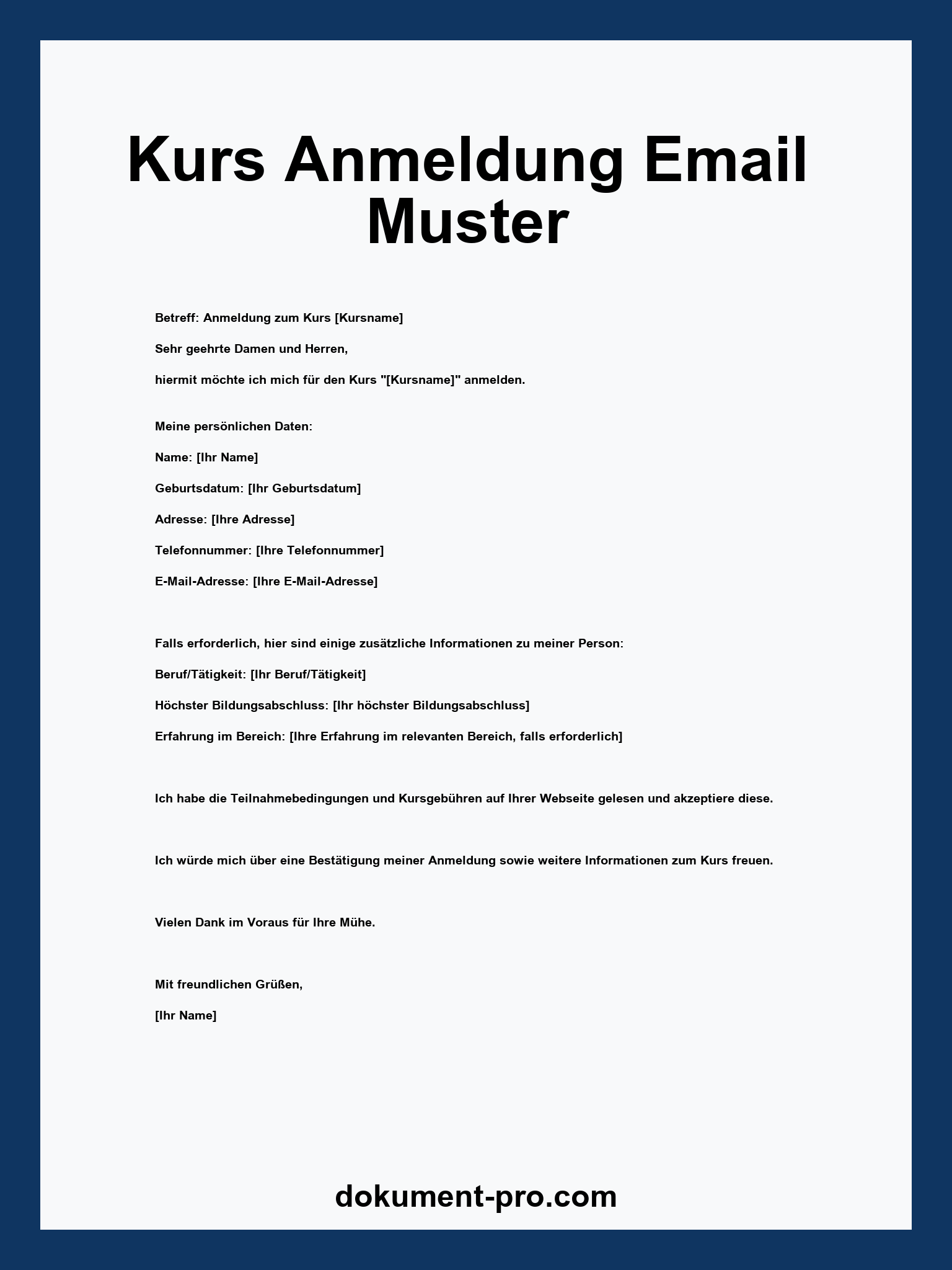 Kurs Anmeldung Email Muster